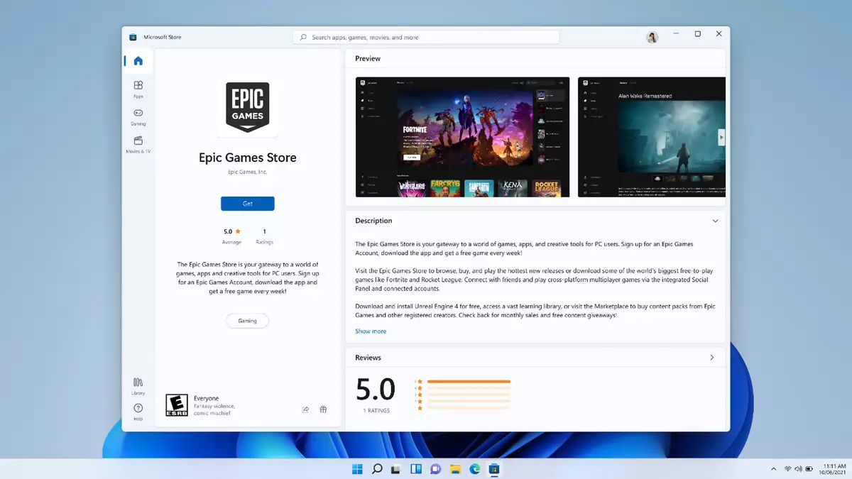 A loja de aplicativos do Windows 11 com a Epic Games.