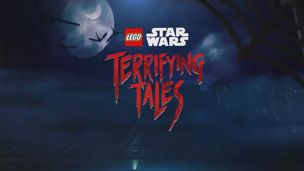 Logo LEGO Star Wars Terrifying Tales ar gefndir arswydus awyr y nos.