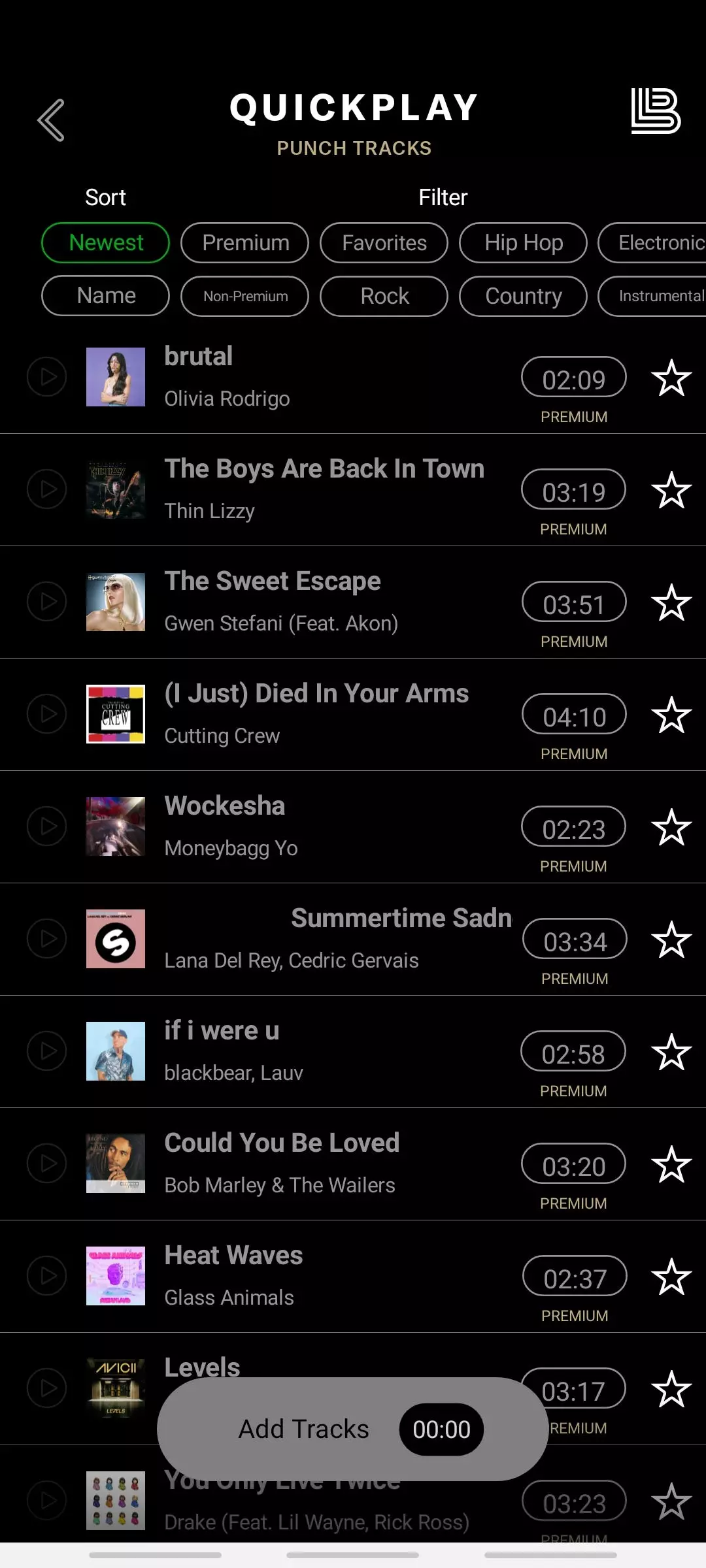 Punch-Tracks-Startbildschirm auf Liteboxer mit Premium-Songs