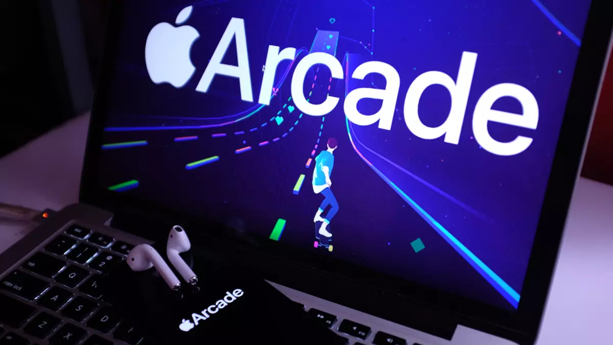 AirPods, MacBook Pro, iPhone 11 sareng logo Apple Arcade