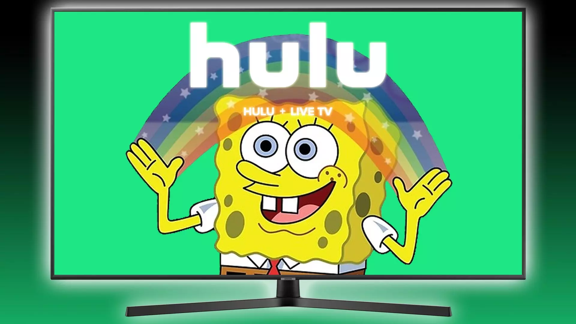 SpongeBob Squarepants kaj ĉielarko kun Hulu-emblemo supermetita super li.