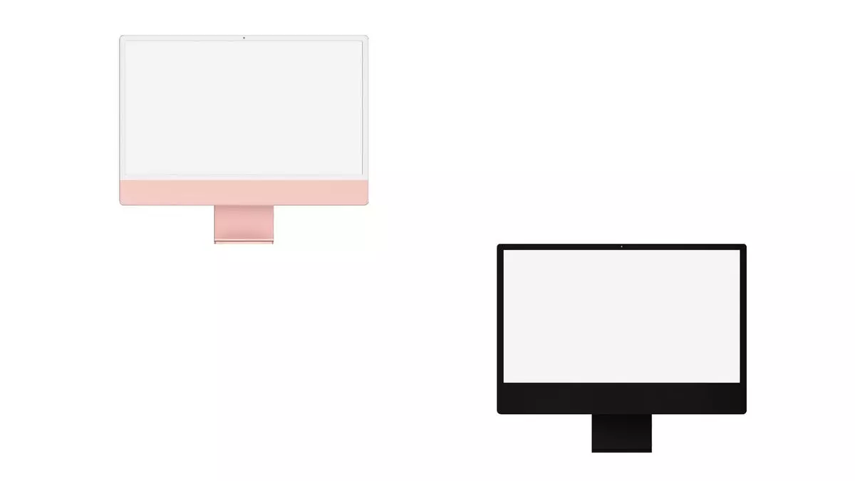검정 비닐로 덮인 iMac 옆에 있는 분홍색 iMac
