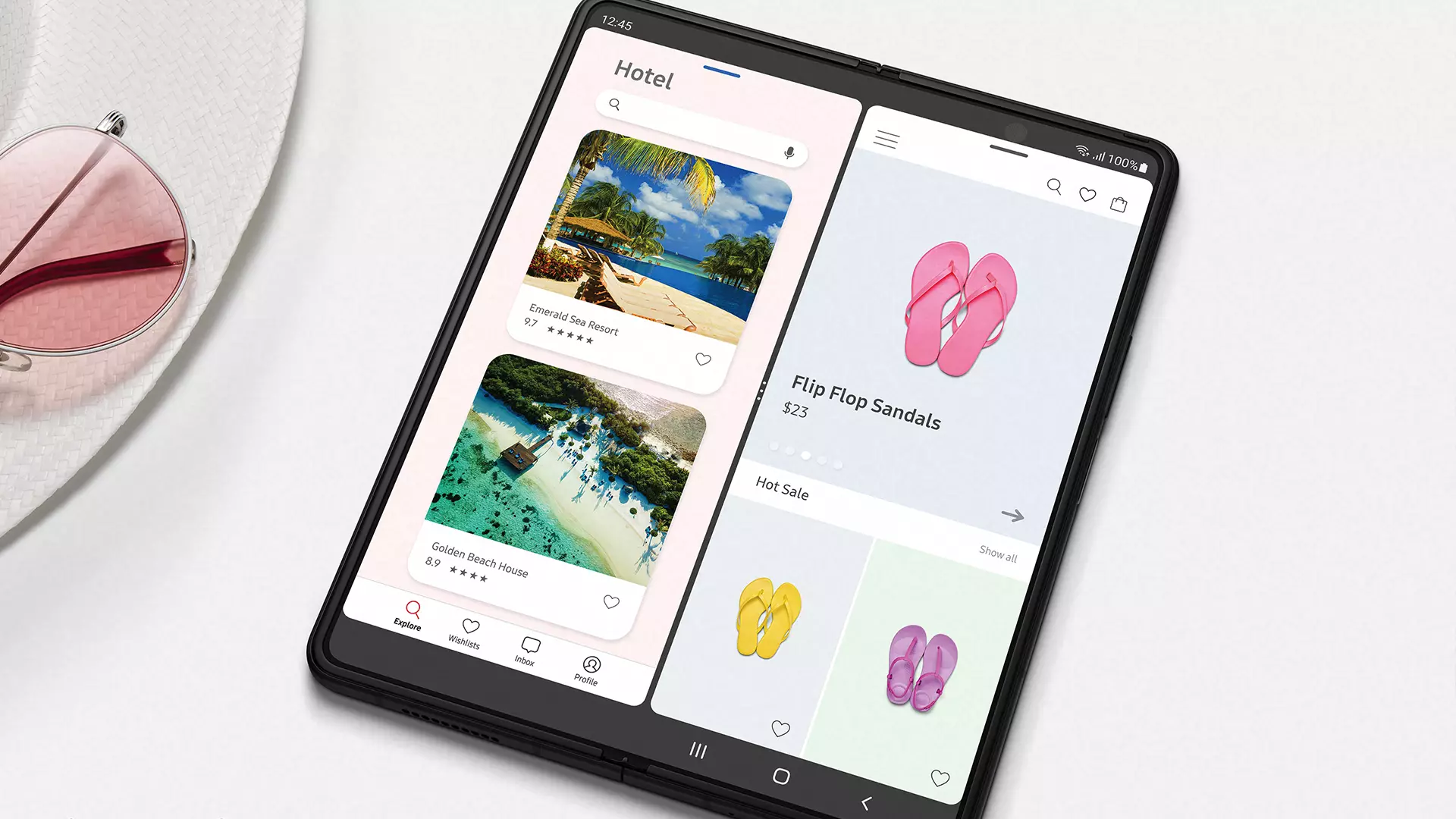 De Samsung Galaxy Fold3 yn tabletmodus mei apps yn split-skerm.