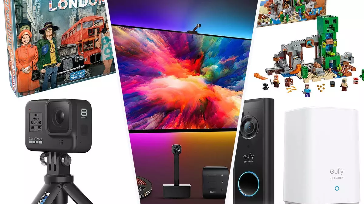 Día 1 Collage de ofertas de Amazon que consta dunha cámara, iluminación de televisión, LEGOs, timbre da casa intelixente e un xogo de mesa.