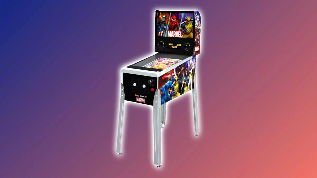Arcade1Up Marvel Pinball Machine amb un teló de fons multicolor