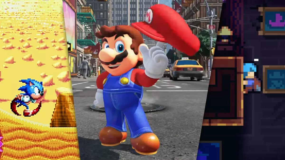 delweddau o Sonic Mania, Super Mario Odyssey, a Celeste mewn collage