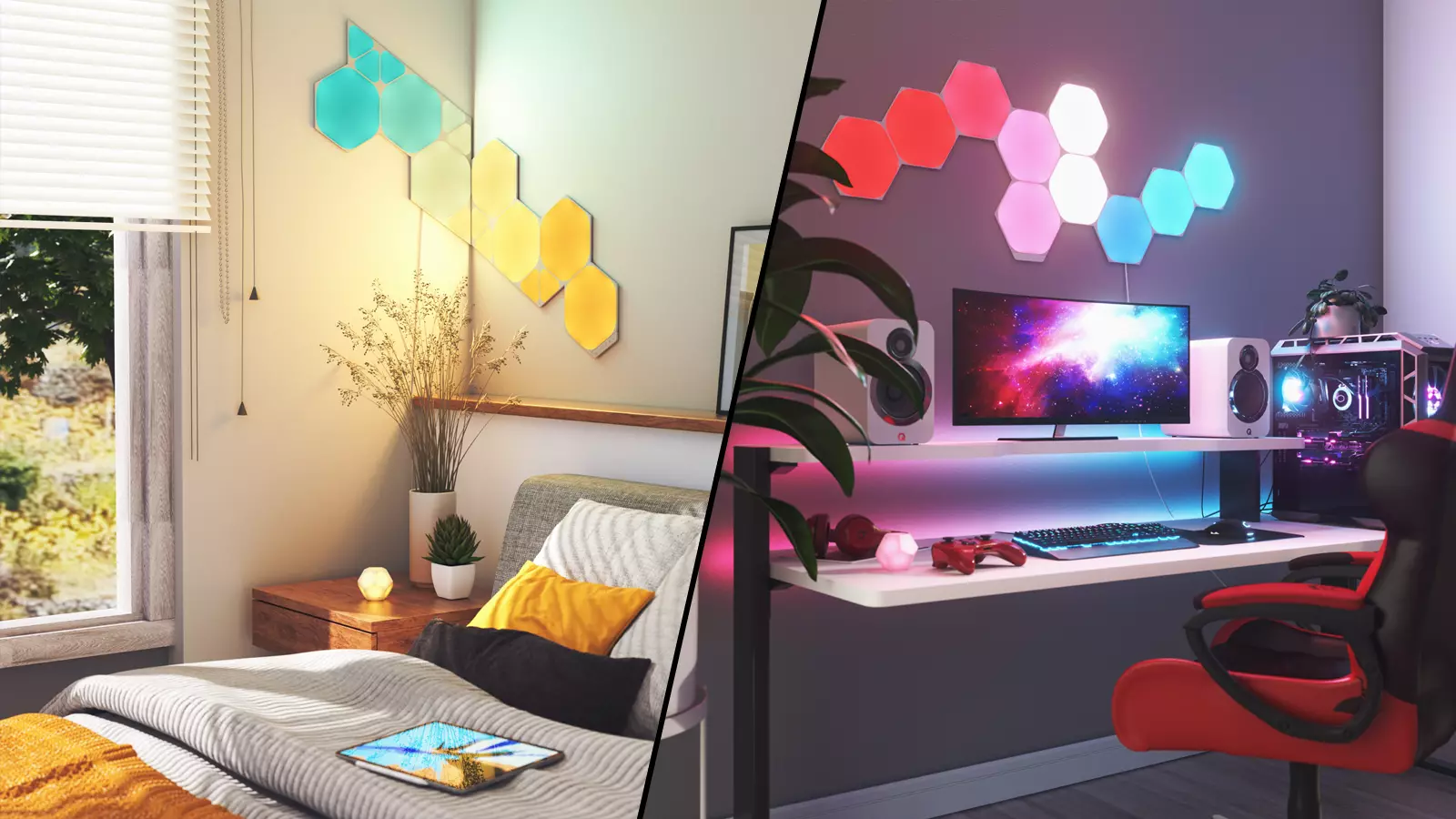 Paneis Nanoleaf Shapes en configuracións creativas e coloridas nun dormitorio e nunha oficina na casa por un ordenador de xogos