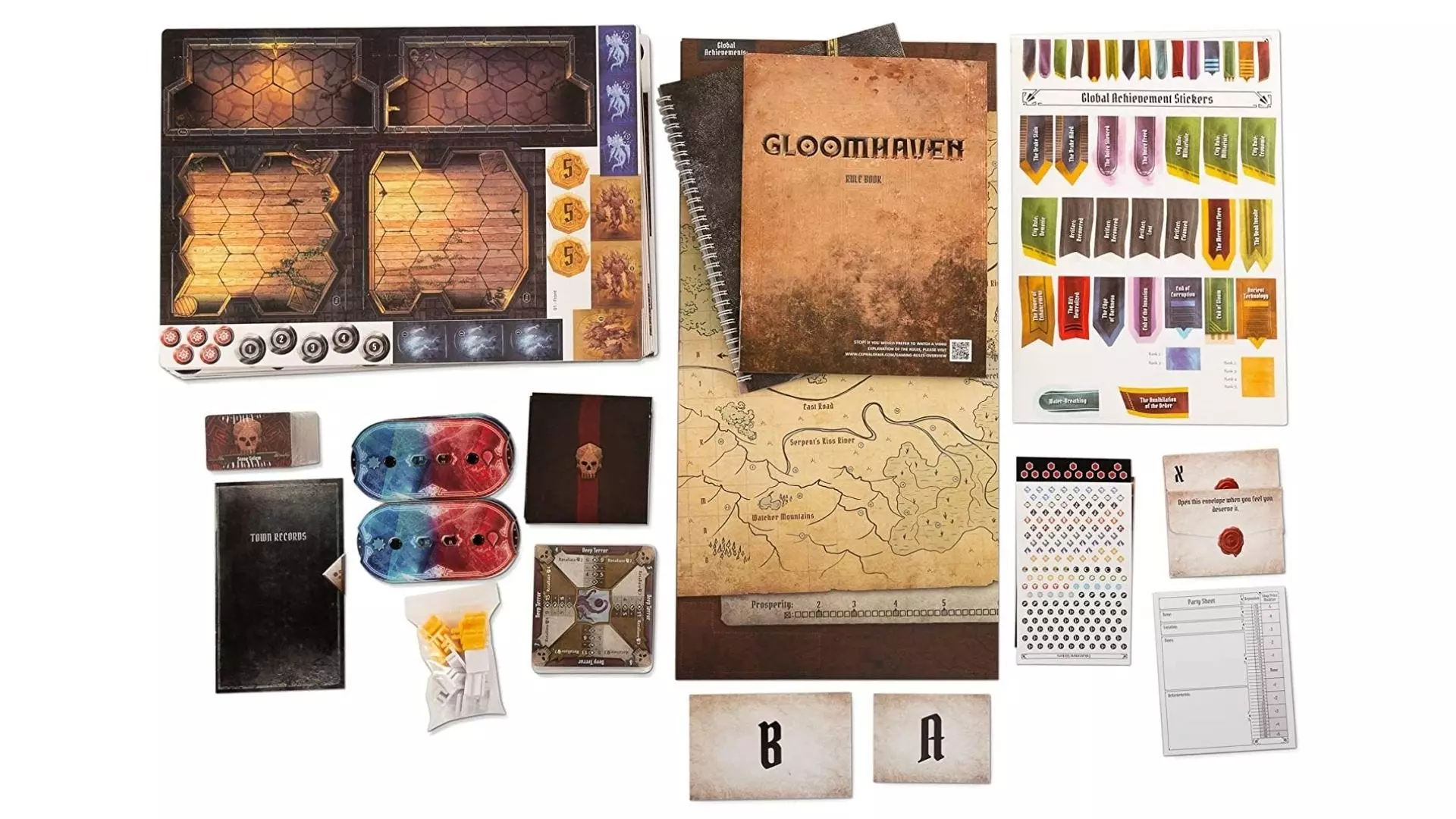 Gloomhaven stalo žaidimas su visomis išdėliotomis detalėmis.