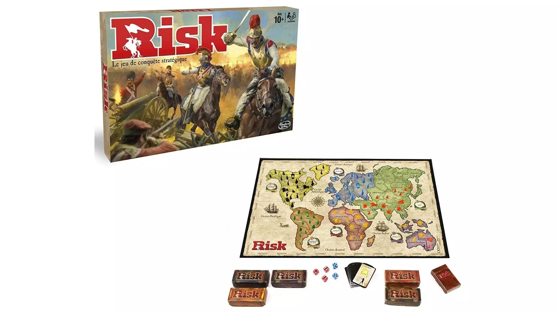 Risk brettspillboks ved siden av et ferdig oppsatt spill Risk.