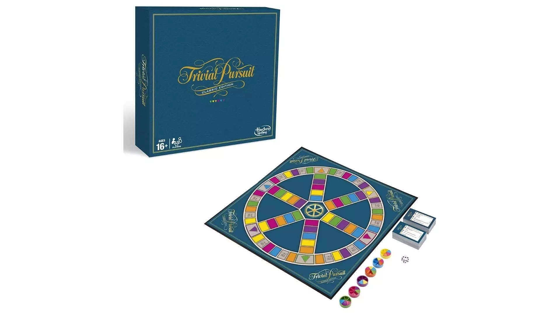 Trivial Pursuit Board Game Box Classic Edition neben einem offenen Spiel
