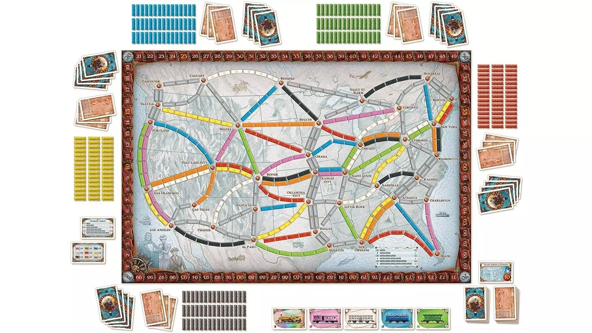 Тицкет то Риде друштвена игра постављена из кутије, са распоређеним комадима и картама.