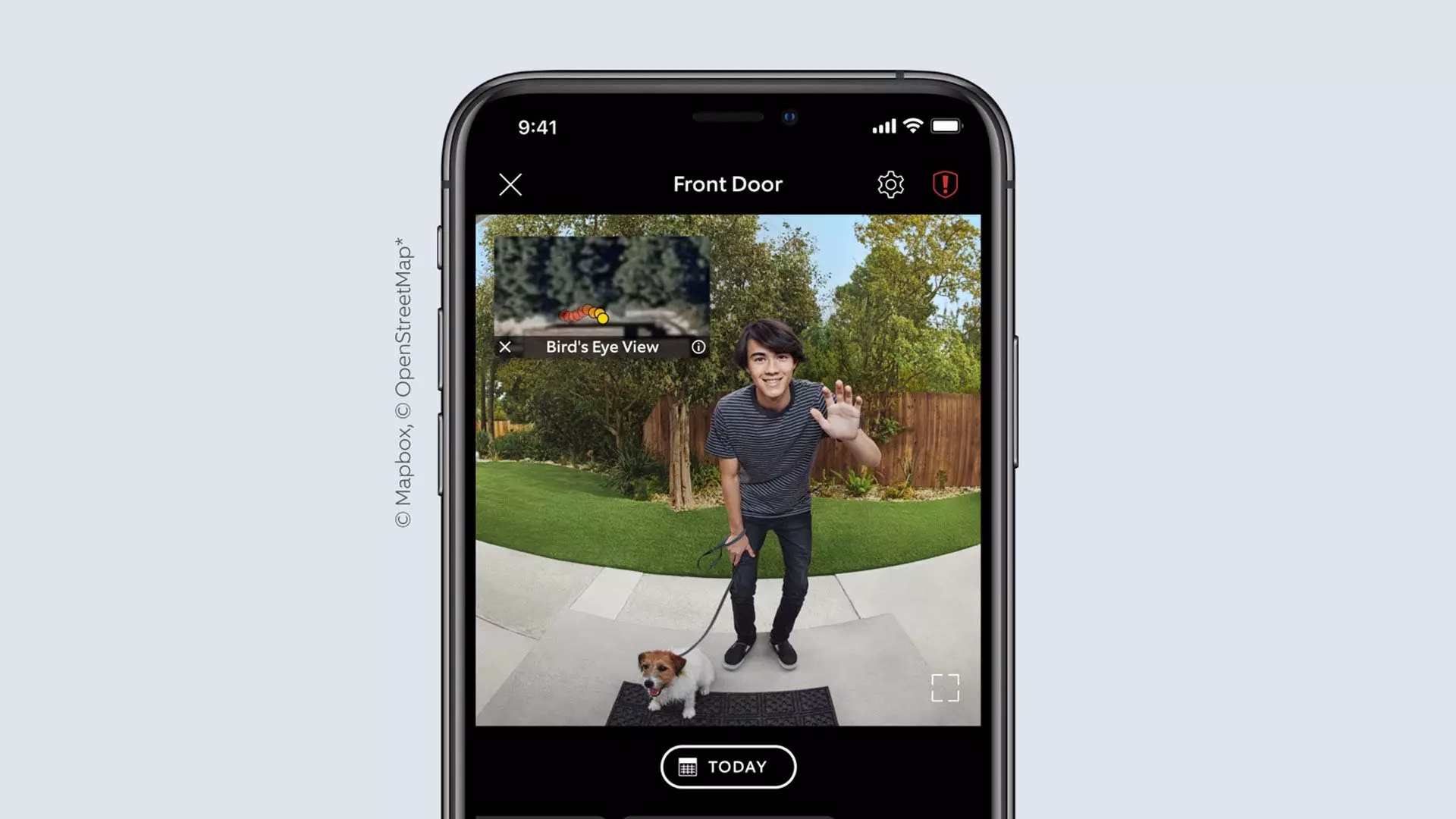 Aplikácia Ring Video Dorbell, ktorá zobrazuje úplný pohľad, pohľad od hlavy po päty a pohľad na cestu z vtáčej perspektívy.