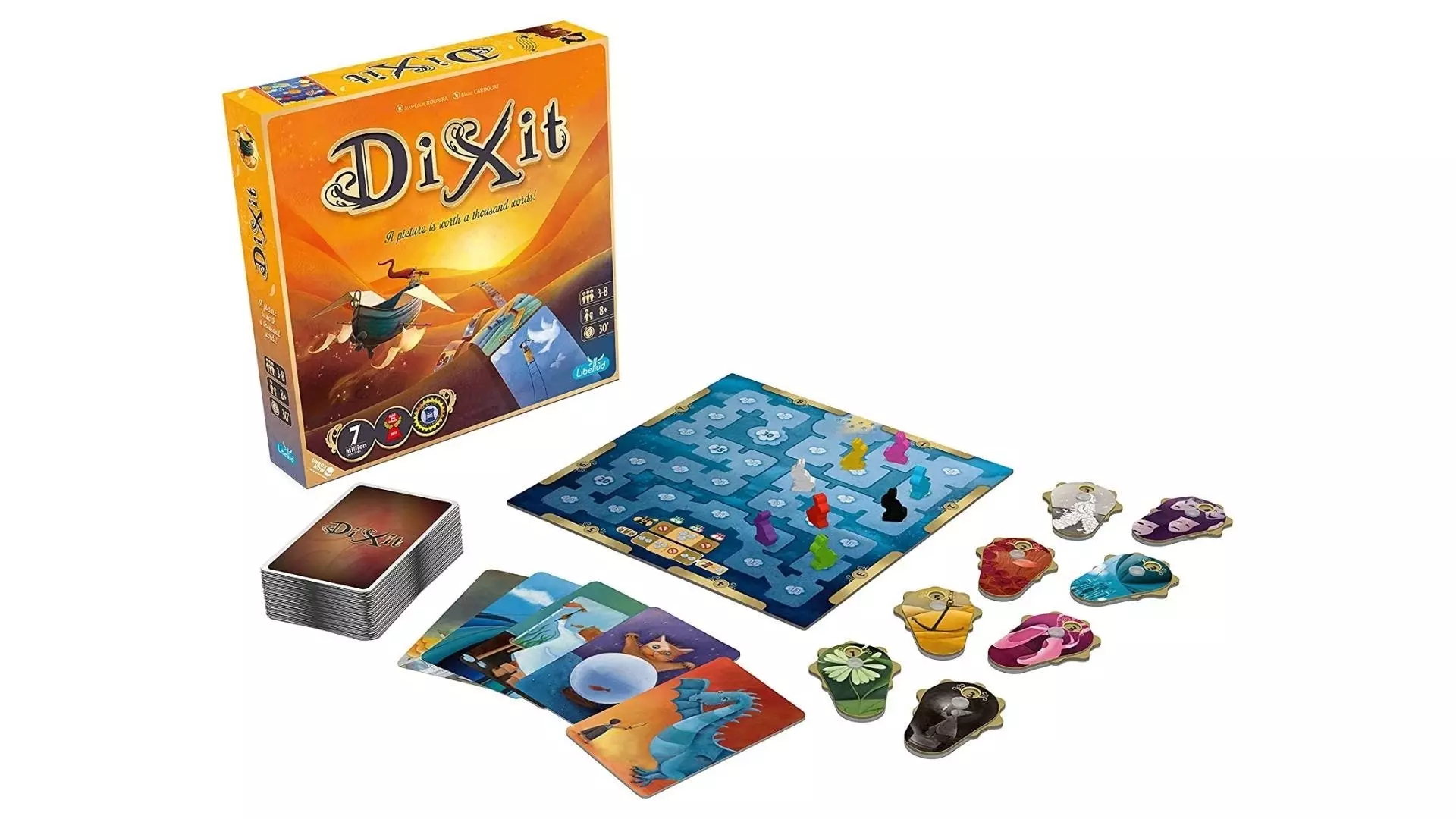 Dixit 棋盘游戏的俯视图，后面有盒子