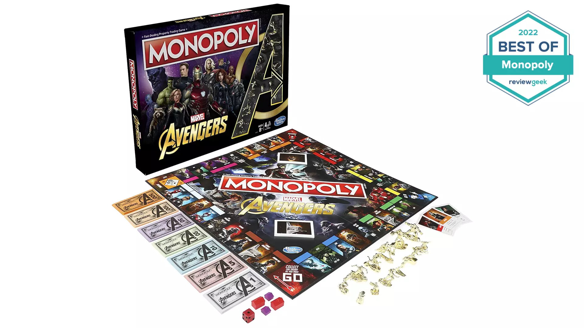 Mwonekano wa kisanduku cha Monopoly Marvel Avengers na vipengele vya mchezo