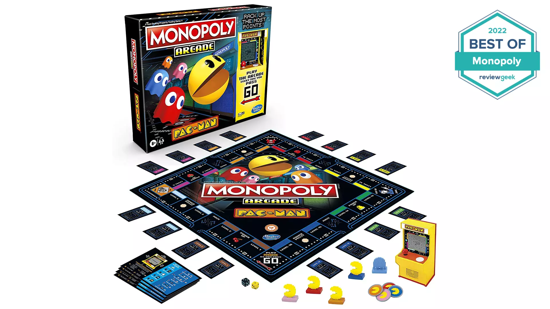 Ukubuka kwebhokisi le-Monopoly Arcade Pac-Man nezingxenye zegeyimu