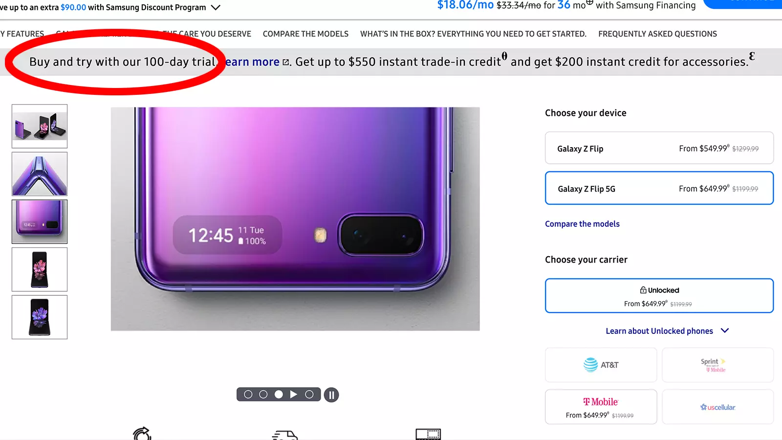 une image de la boutique Samsung montrant l'offre Buy and Try en action.