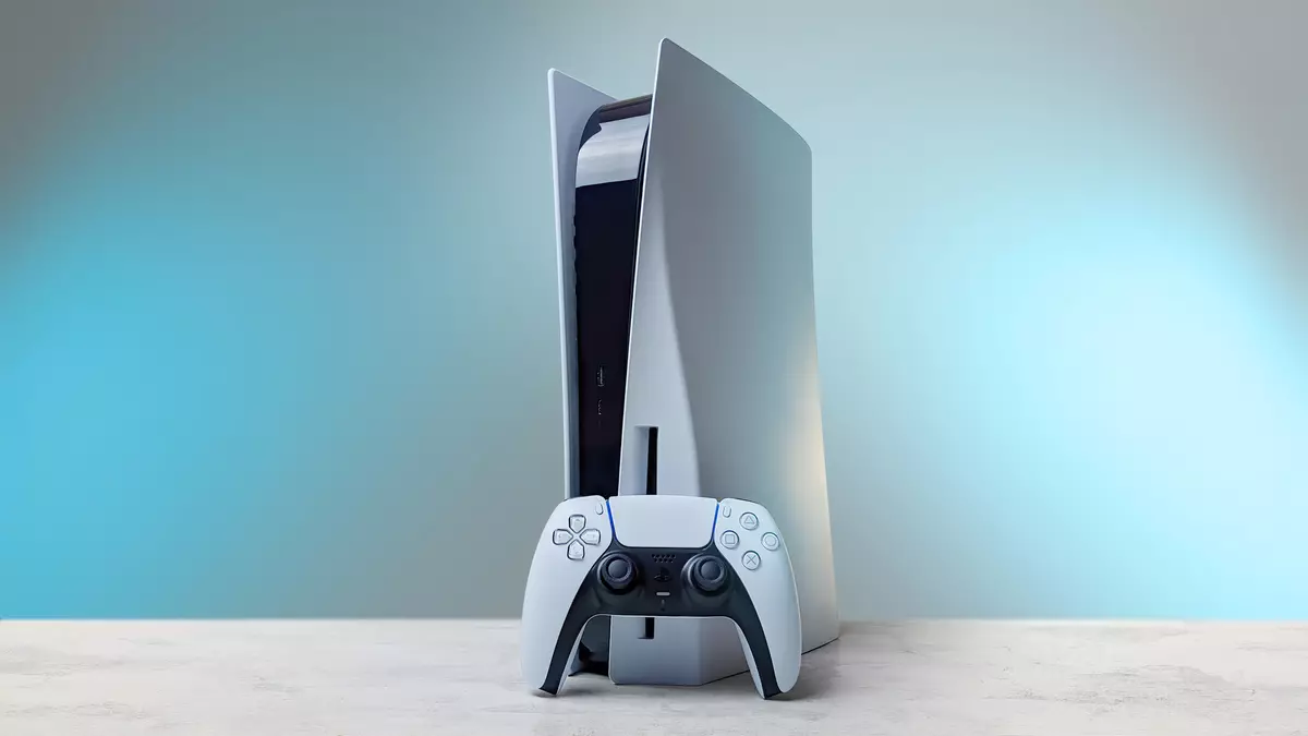 Sony PlayStation 5 dan pengontrol berdiri di atas meja modern
