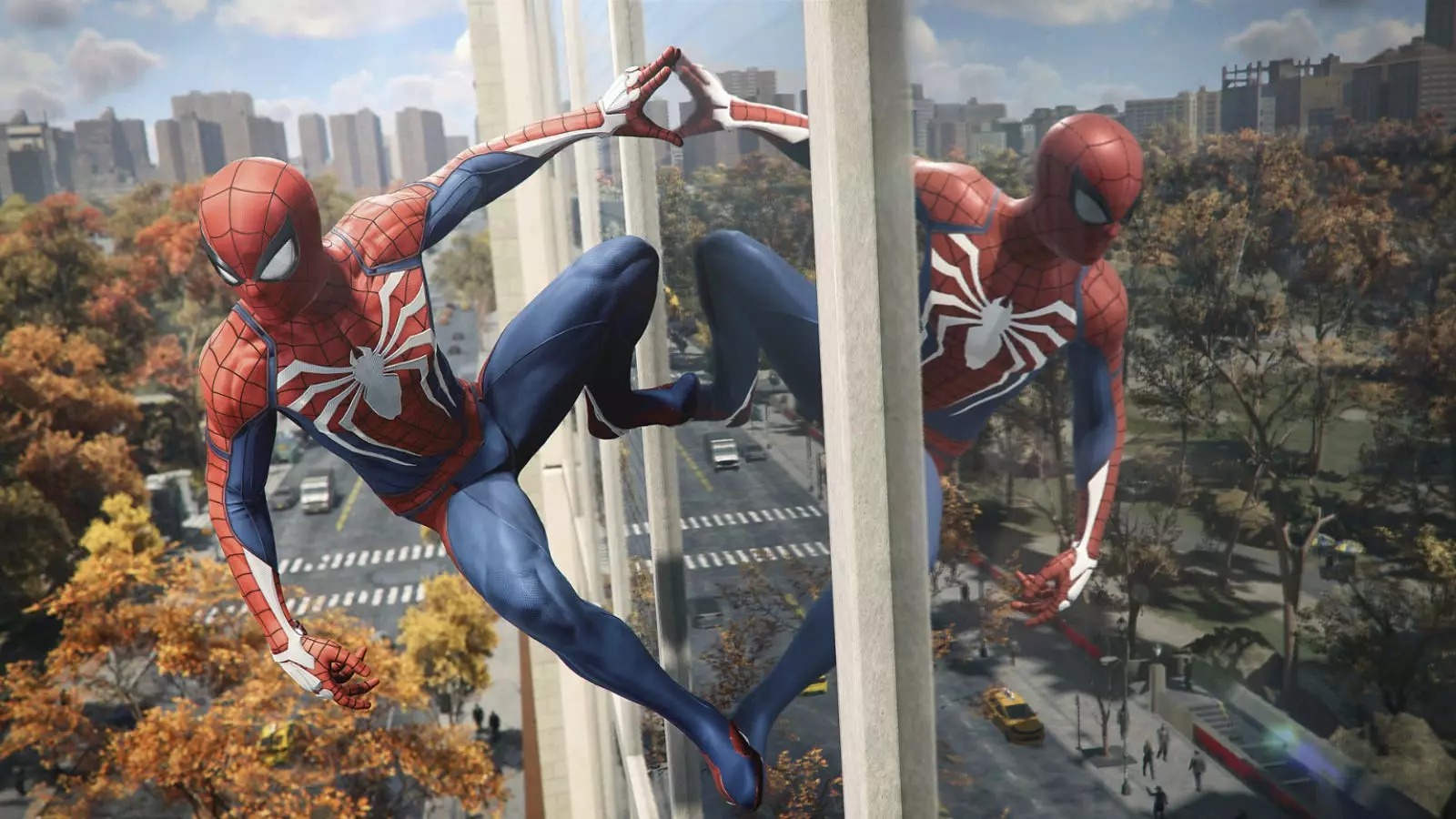Spider-Man ar crochadh ar bhalla gloine i 'Marvel's Spider-Man Remastered'