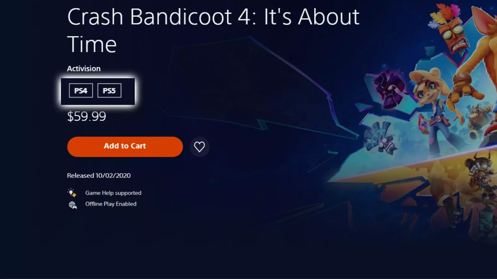 PlayStation 5 'Crash Bandicoot 4: Убакыт келди' дүкөнүнүн баракчасы, платформалар бөлүмү баса белгиленген