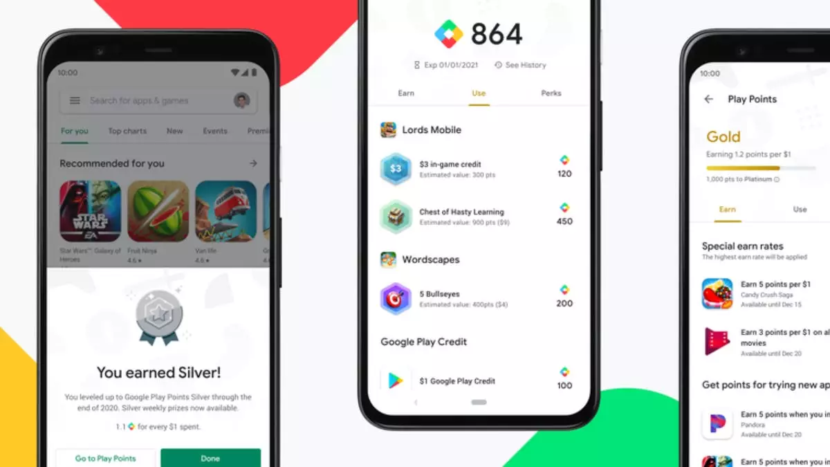 Nhóm menu Google Play Points trên nền đầy màu sắc