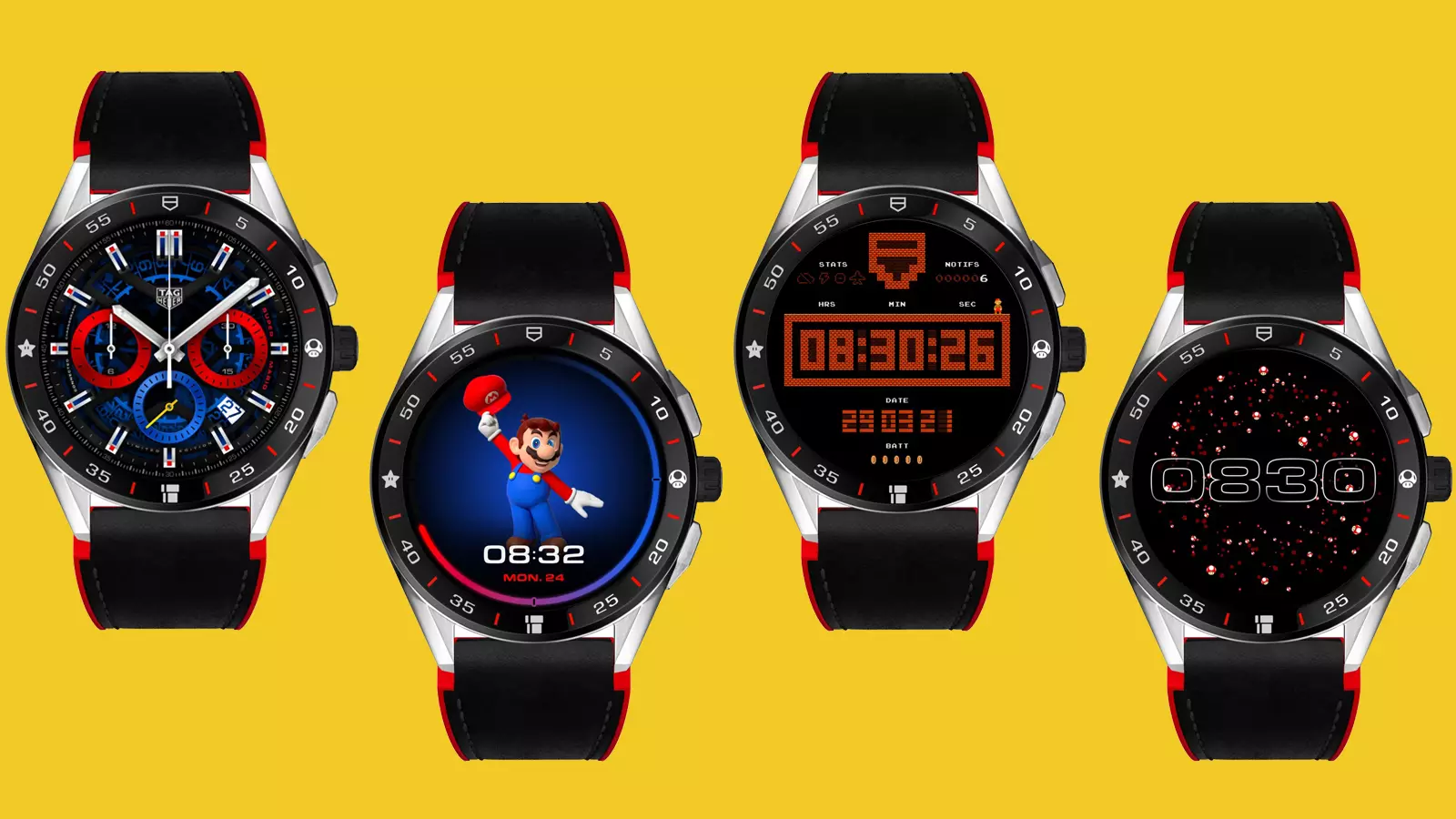 Keturi TAG Heuer x Super Mario laikrodžio ciferblato vaizdai