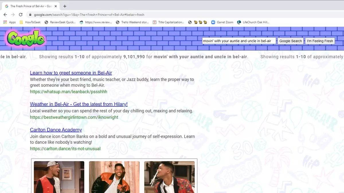 Страна за пребарување на Google на „Свежиот принц од Бел-Ер“ во тема од 90-тите