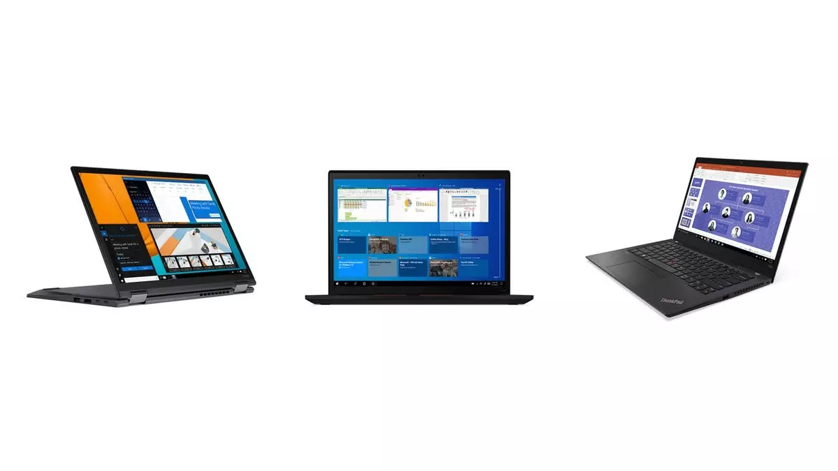 Un Lenovo ThinkPad X13 Yoga, T14s y X13 uno al lado del otro.