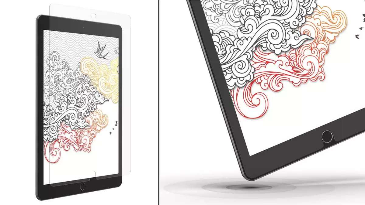 iPad ပေါ်တွင် ZAGG ၏ InvisibleShield GlassFusion+ Canvas ဖန်သားပြင်ကာကွယ်မှုအသစ်၏ မြင်ကွင်းနှစ်ခု