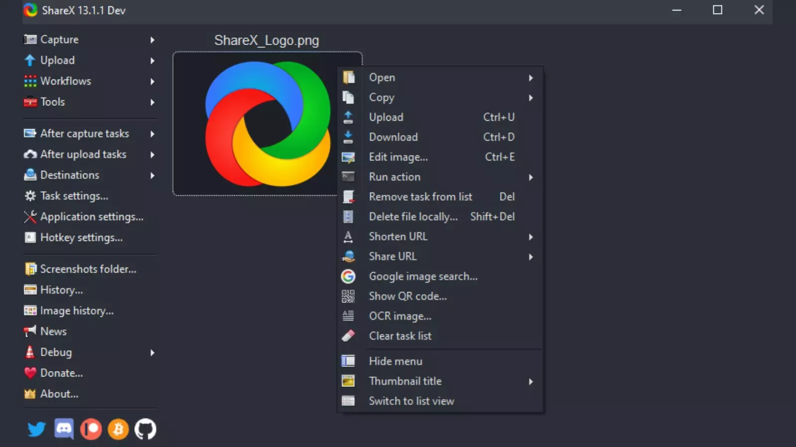 immagine del menu delle impostazioni di ShareX