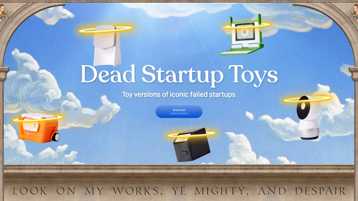 Hračkárske verzie neúspešných startupov na cloudovom pozadí s mramorovým okrajom s nápisom: