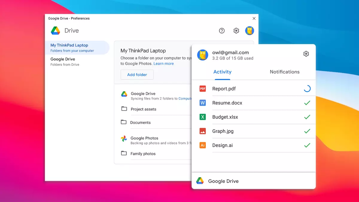 Antara muka dikemas kini Google Drive untuk Desktop.
