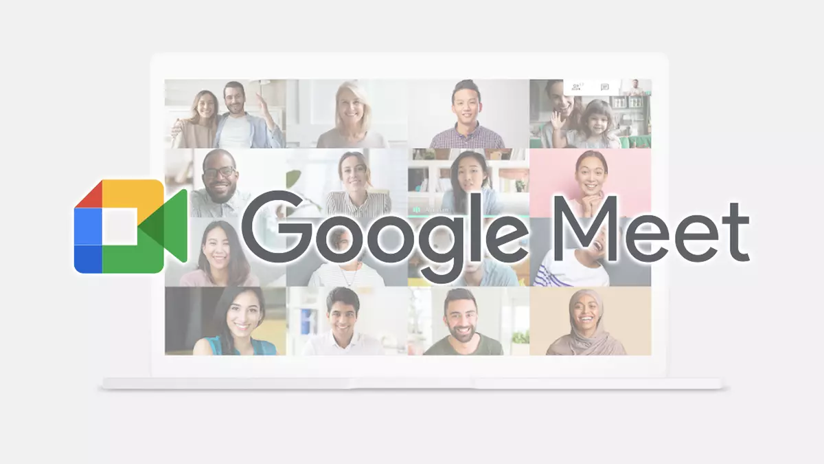 El logotipo de Google Meet sobre una gran videollamada.