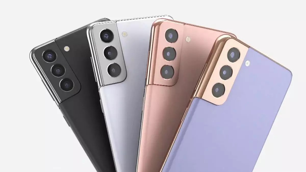 Uma variedade de dispositivos Galaxy S21 em várias cores.