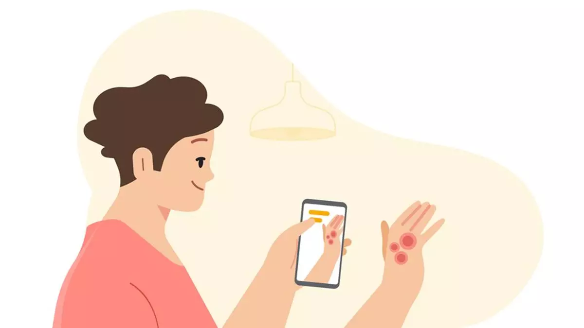 رسم لشخص يستخدم أداة جوجل للذكاء الاصطناعي لتقييم الطفح الجلدي