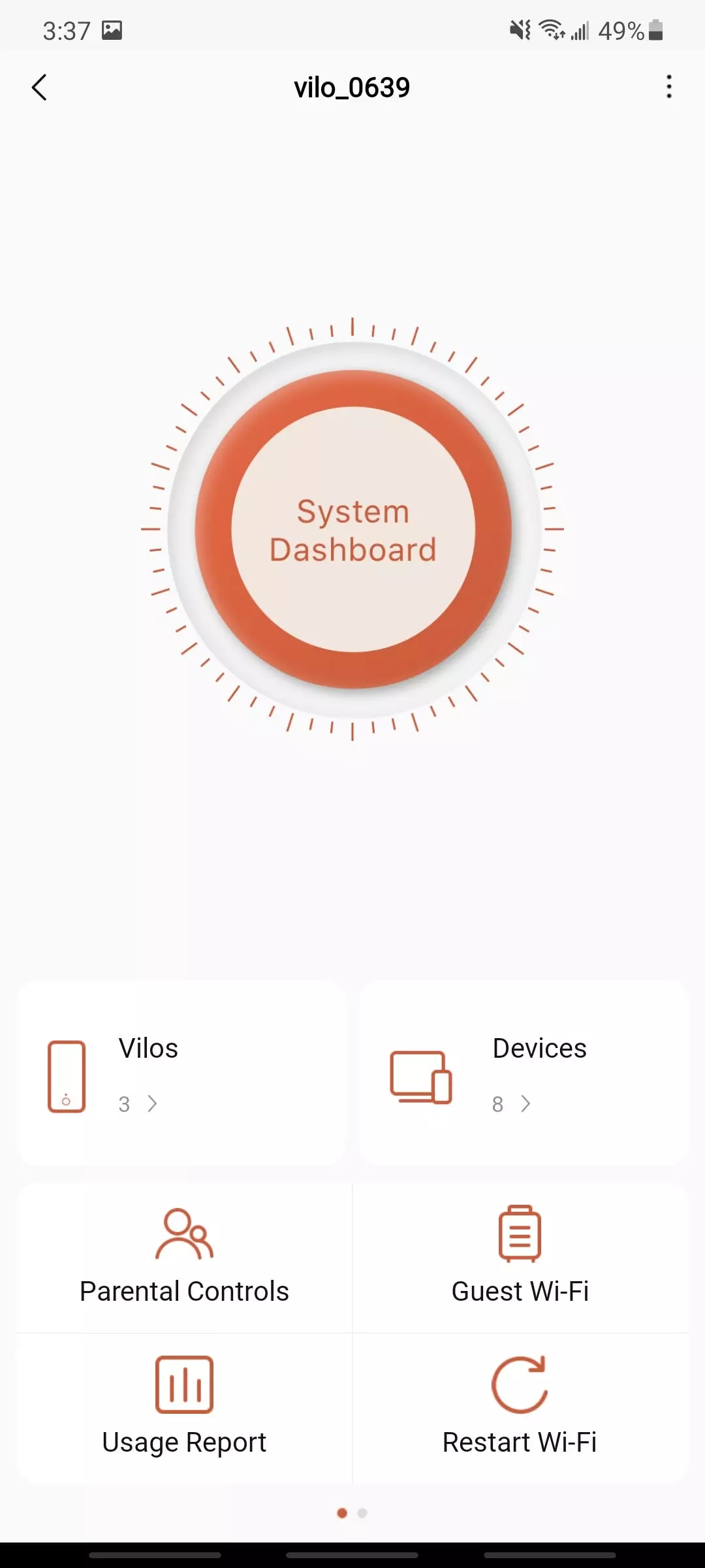 dashboard del sistema della schermata iniziale dell'app vilo living