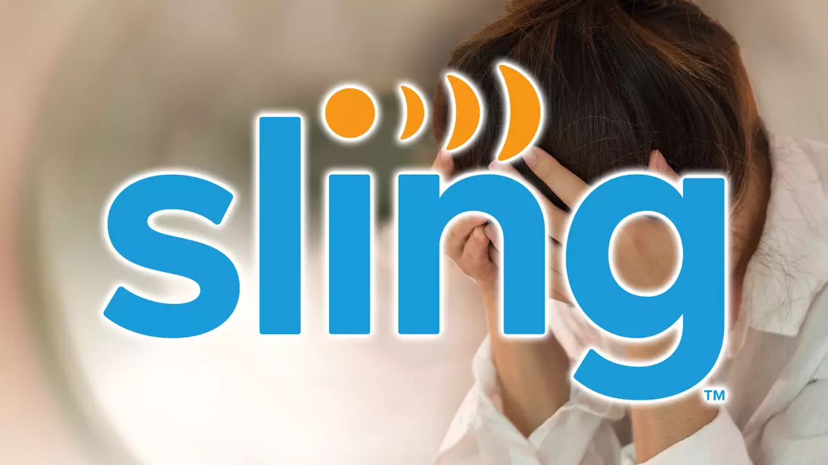 El logo de Sling TV sobre una foto de alguien con migraña.