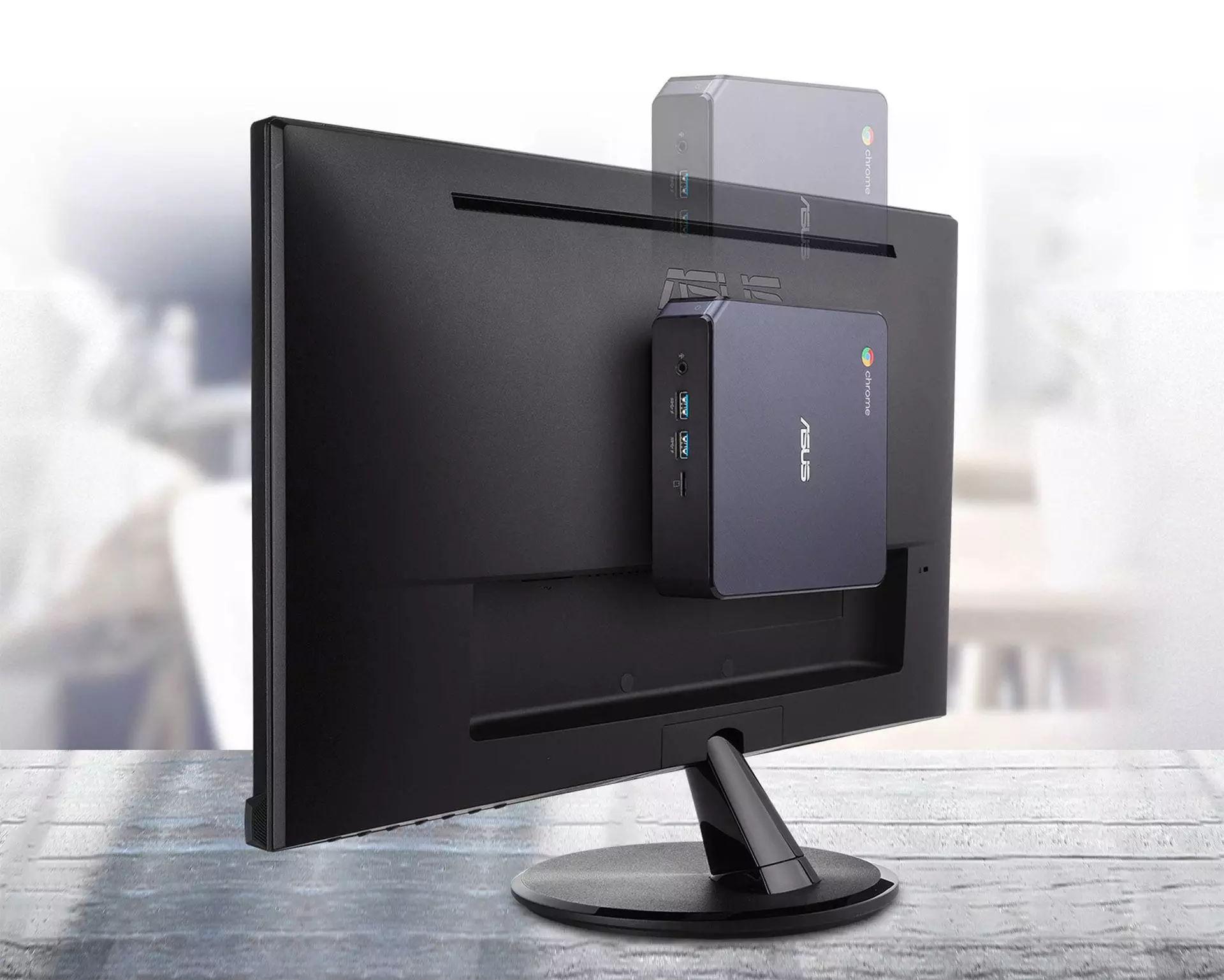Zobrazuje sa držiak Vesa Chromeboxu 4 na monitore