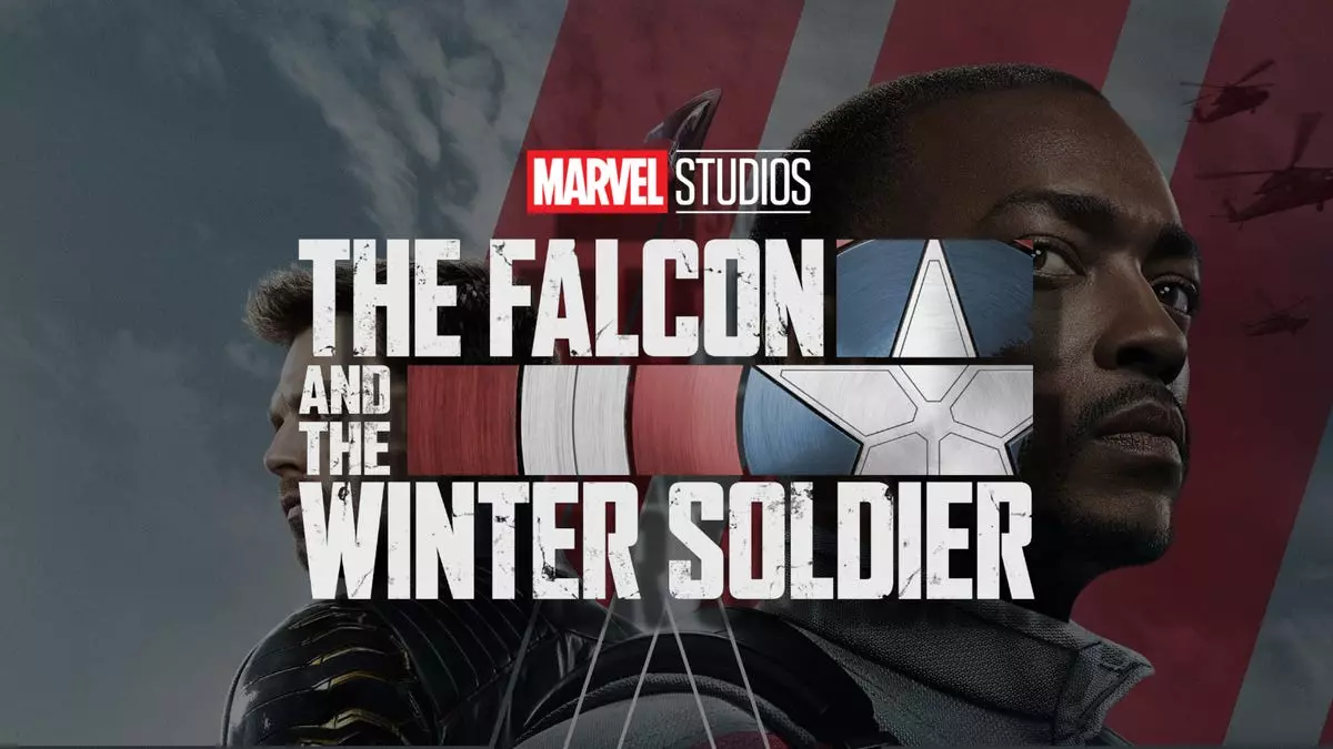 Logo 'The Falcon and the Winter Solider' marang poster pertunjukan.