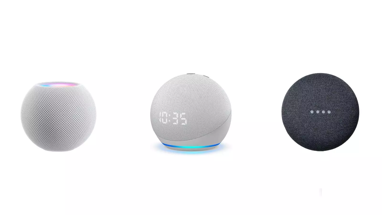 Apple HomePod, Amazon Echo Dot, a Google Nest Mini géint e wäissen Hannergrond