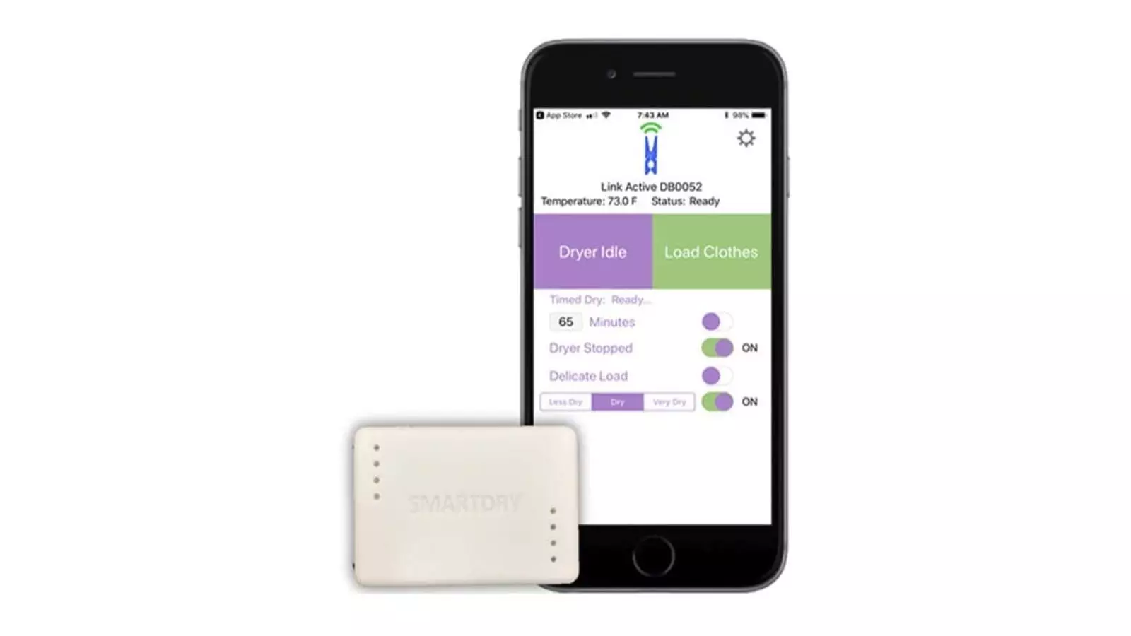 Senzor SmartDry proti telefonu, v katerem je nameščena aplikacija SmartDry