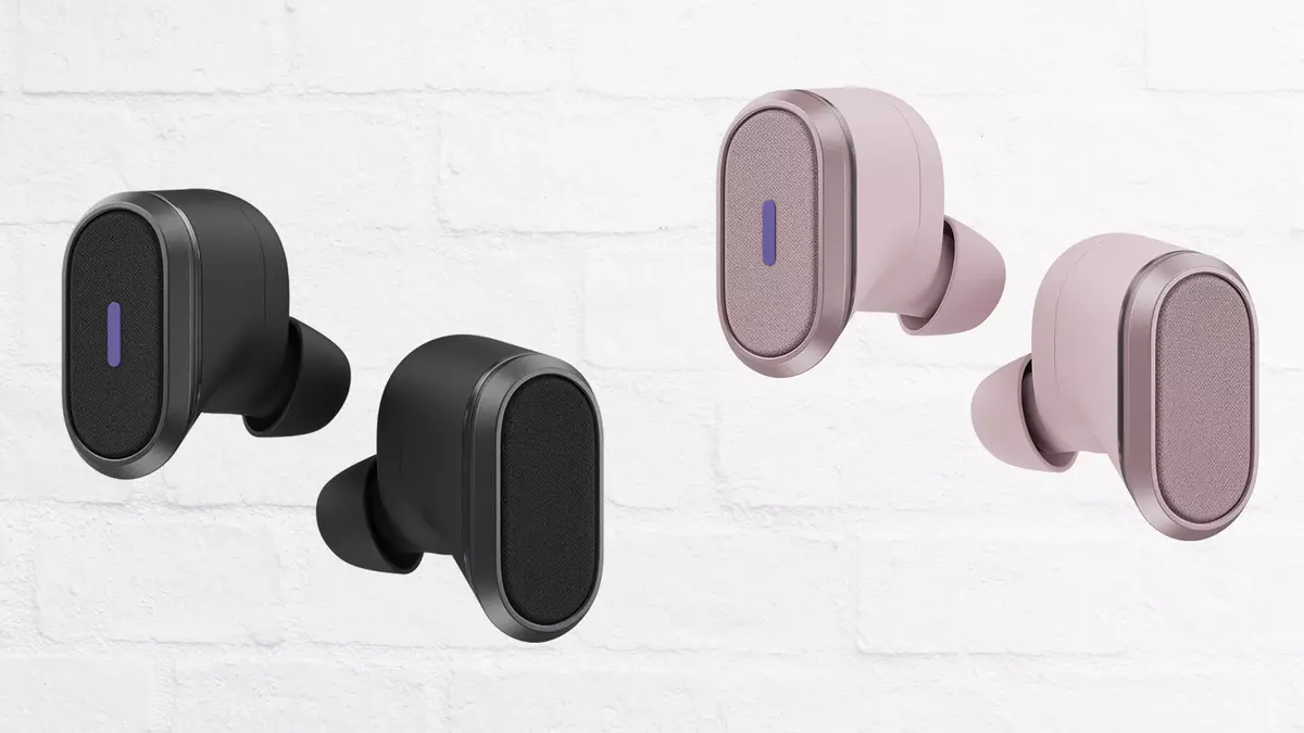 흑연 소재의 Logitech Zone True Wireless Earbuds 및 흰색 벽돌 질감 배경에 장미색