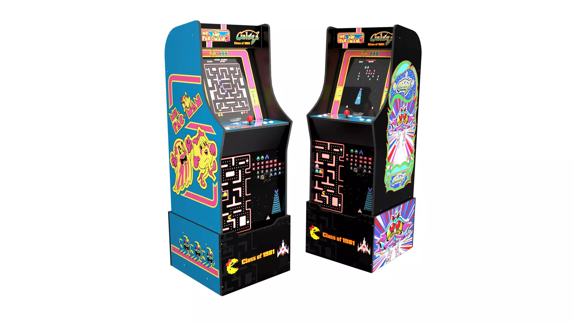 En maskin med 'Ms. Pac-Man'-kunst til venstre og 'Galaga'-kunst til høyre