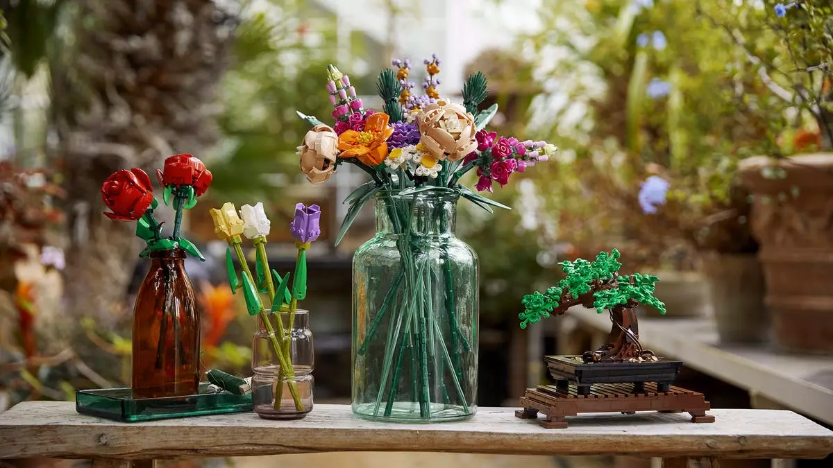 Un conxunto de flores e un bonsái en forma de LEGO
