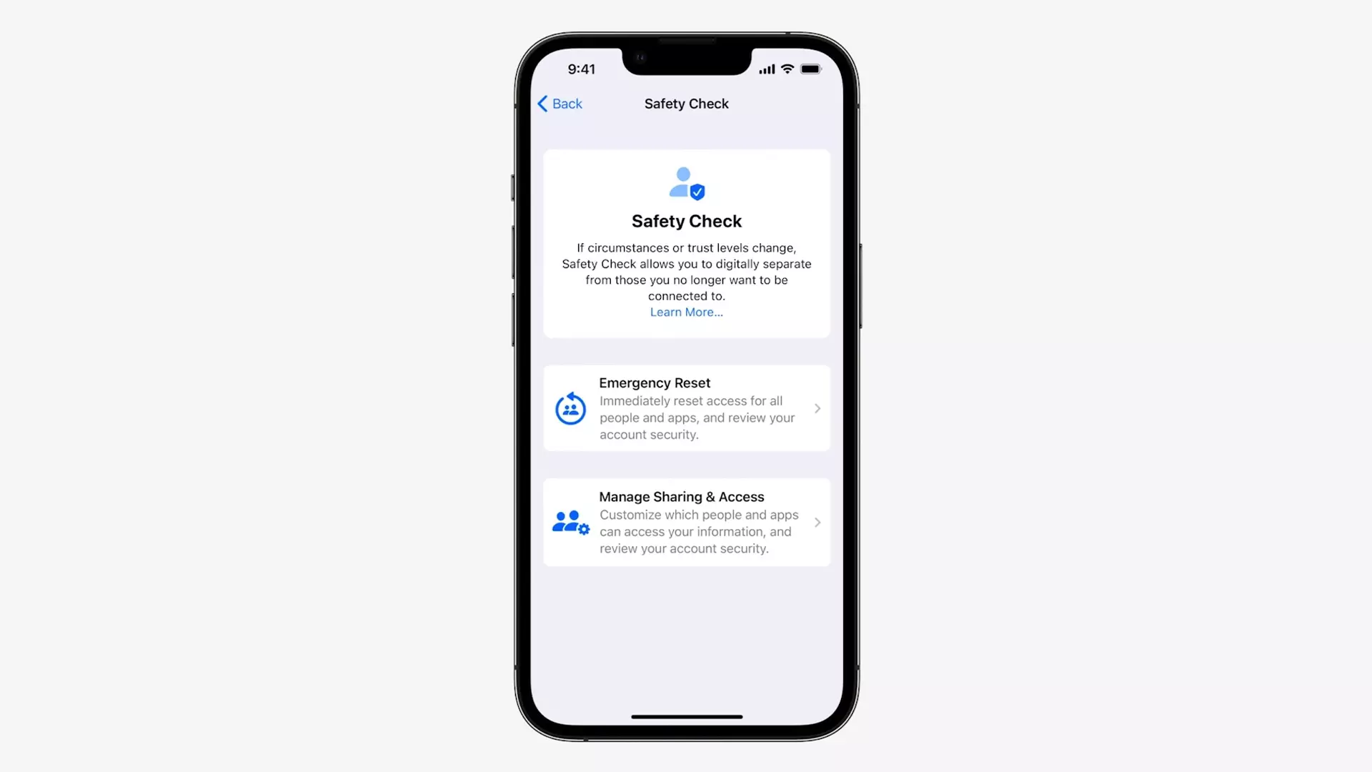 Layar Pemeriksaan Keamanan di iOS 16, yang memungkinkan Anda mencabut orang dari izin aplikasi Anda.