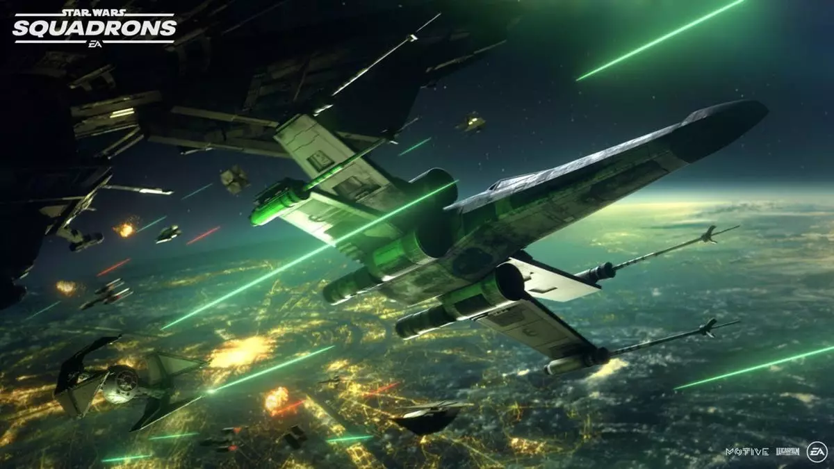 Një X-Wing që fluturon larg nga një luftëtar kravatë në një betejë hapësinore