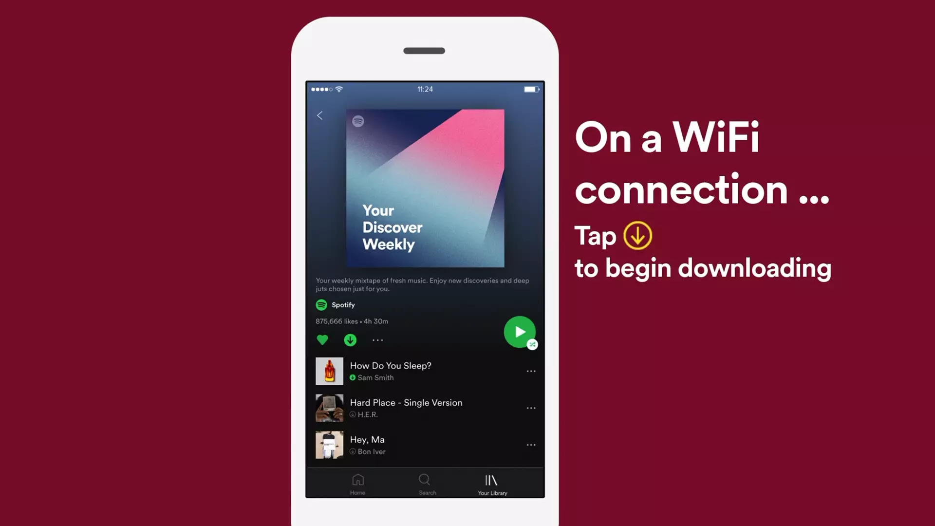 Spotify でオフライン再生用に曲をダウンロードする方法を示す画像。