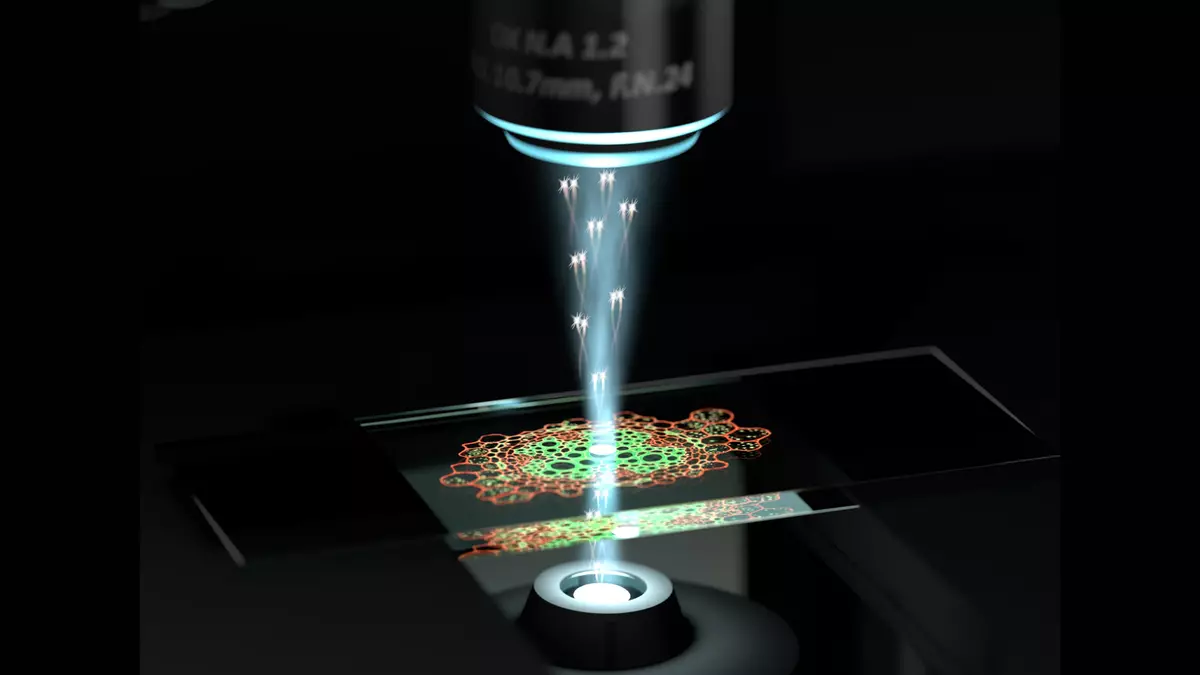 Ilustrasi mikroskop kuantum yang memeriksa sel.