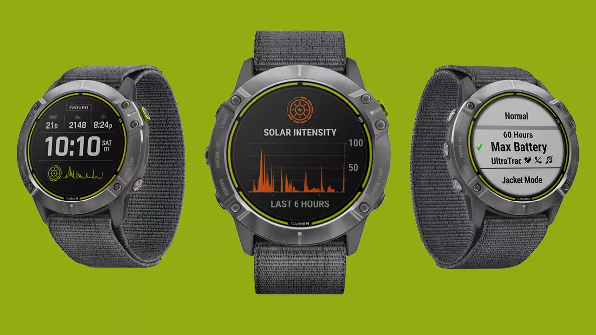 Jam tangan GPS Garmin Enduro dari tampilan kiri, kanan, dan lurus dengan metrik yang ditampilkan