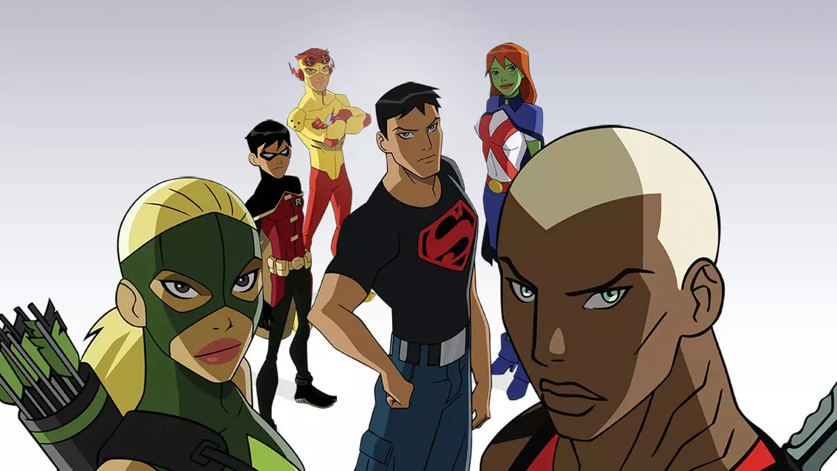 Kid Flash, Mis Marsian, Robin, Superboy, Artemidė ir Aqualad žiūri tiesiai į žiūrovą.