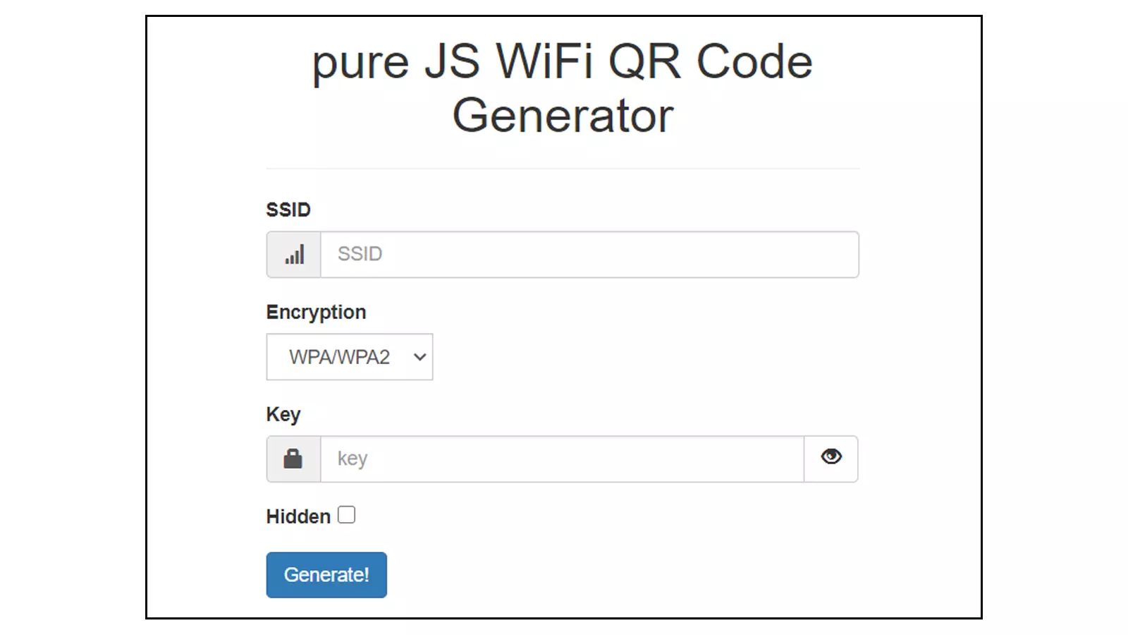 Qifi.org Wi-Fi құпия сөзі үшін JavaScript QR коды генератор беті